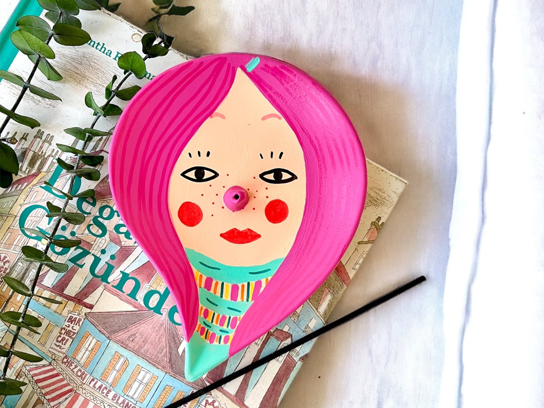 Pink Hair Woman Ceramic Incense Holder , Handmade Incense Stick Burner ...
