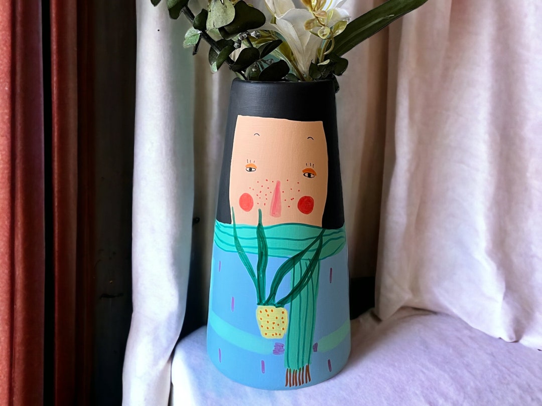 Ceramic Woman Face Vase Handpainted Blue Ceramic Vase - Etsy