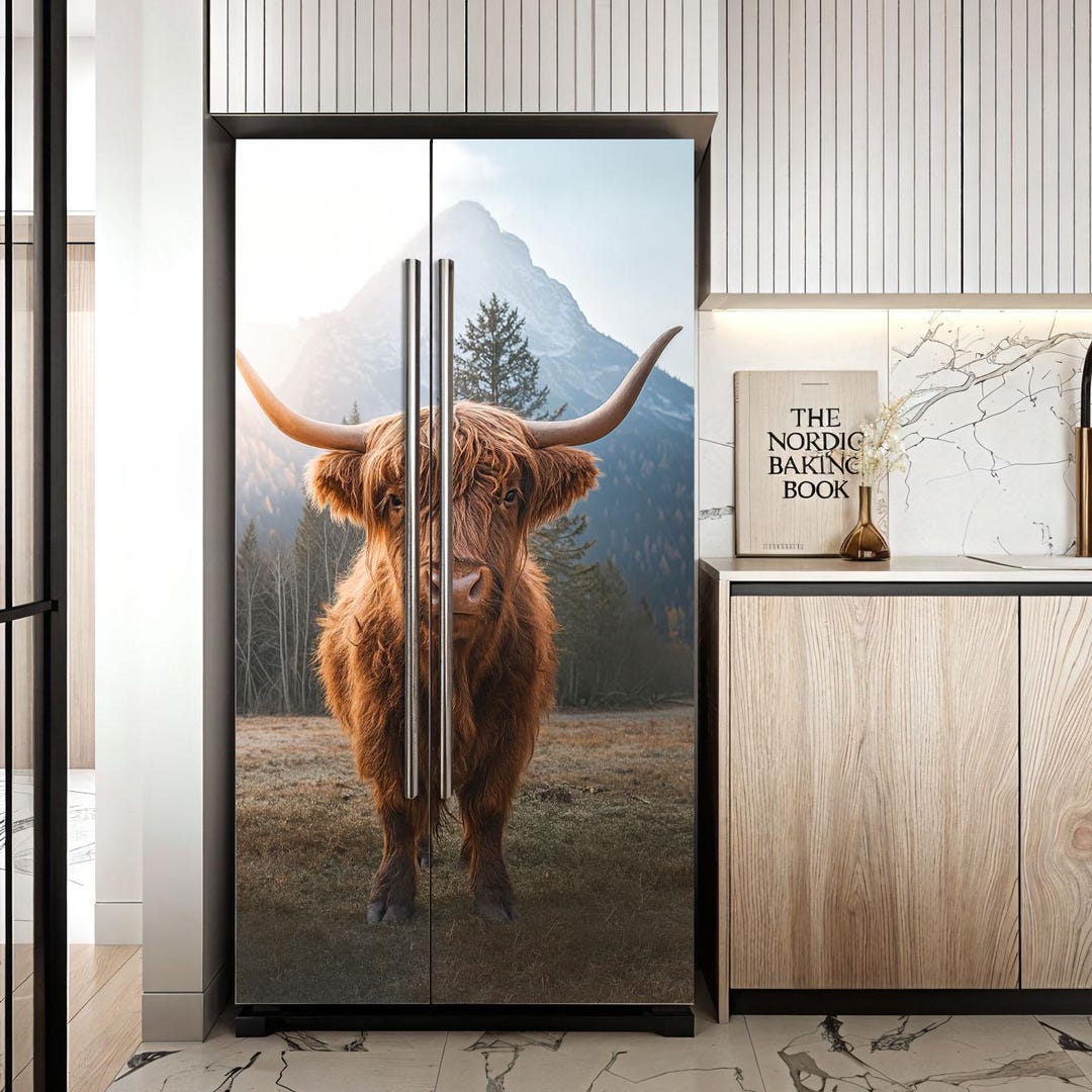 Highland Cow Fridge Wrap: Rustic Farmhouse Refrigerator Decal - Etsy