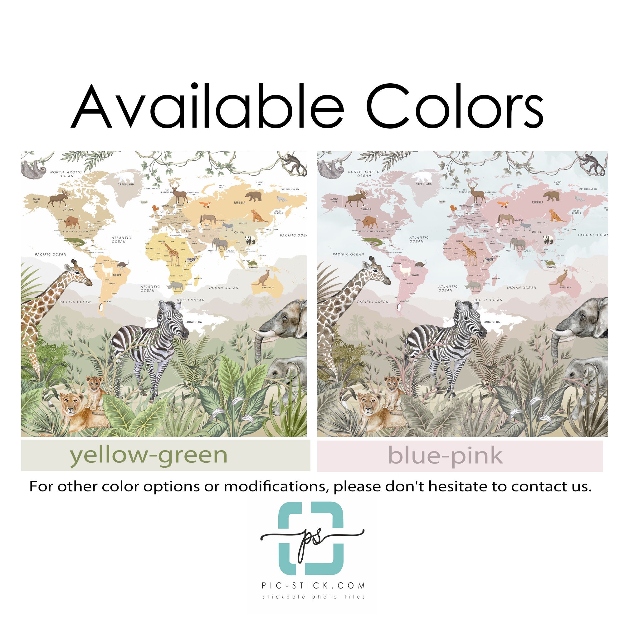 Jungle Animals Wallpaper Mural, Nursery Kids World Map Wallpaper ...