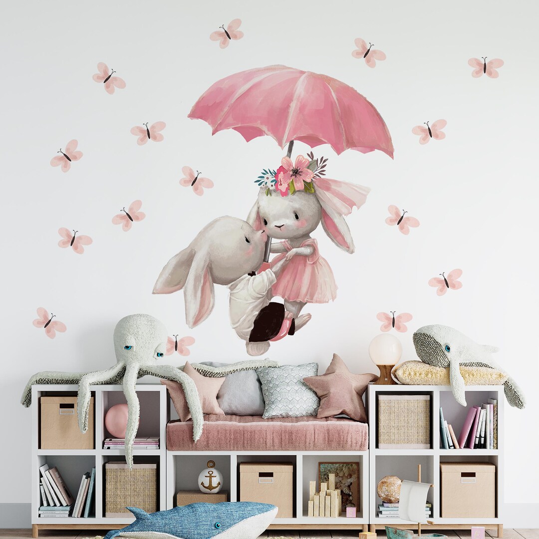 Bunny Wall Decal Nursery Wall Decal, Watercolor Butterfly Wall Stiker ...