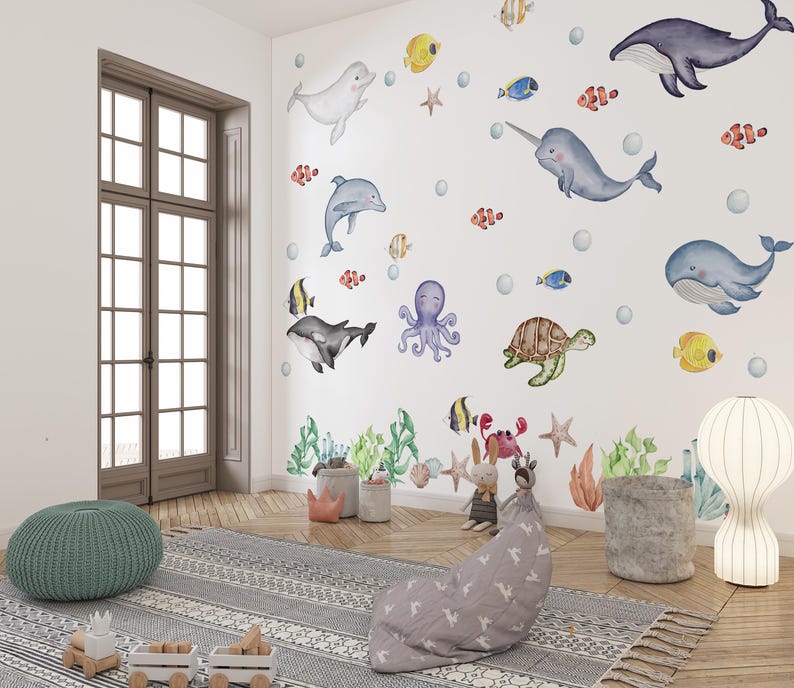 Sea Life Wall Decal, Watercolor Ocean Animals Wall Stiker, Undersea ...