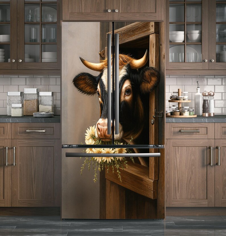 Rustic Cow Refrigerator Wrap – Farmhouse Fridge Vinyl Decal | Wooden ...