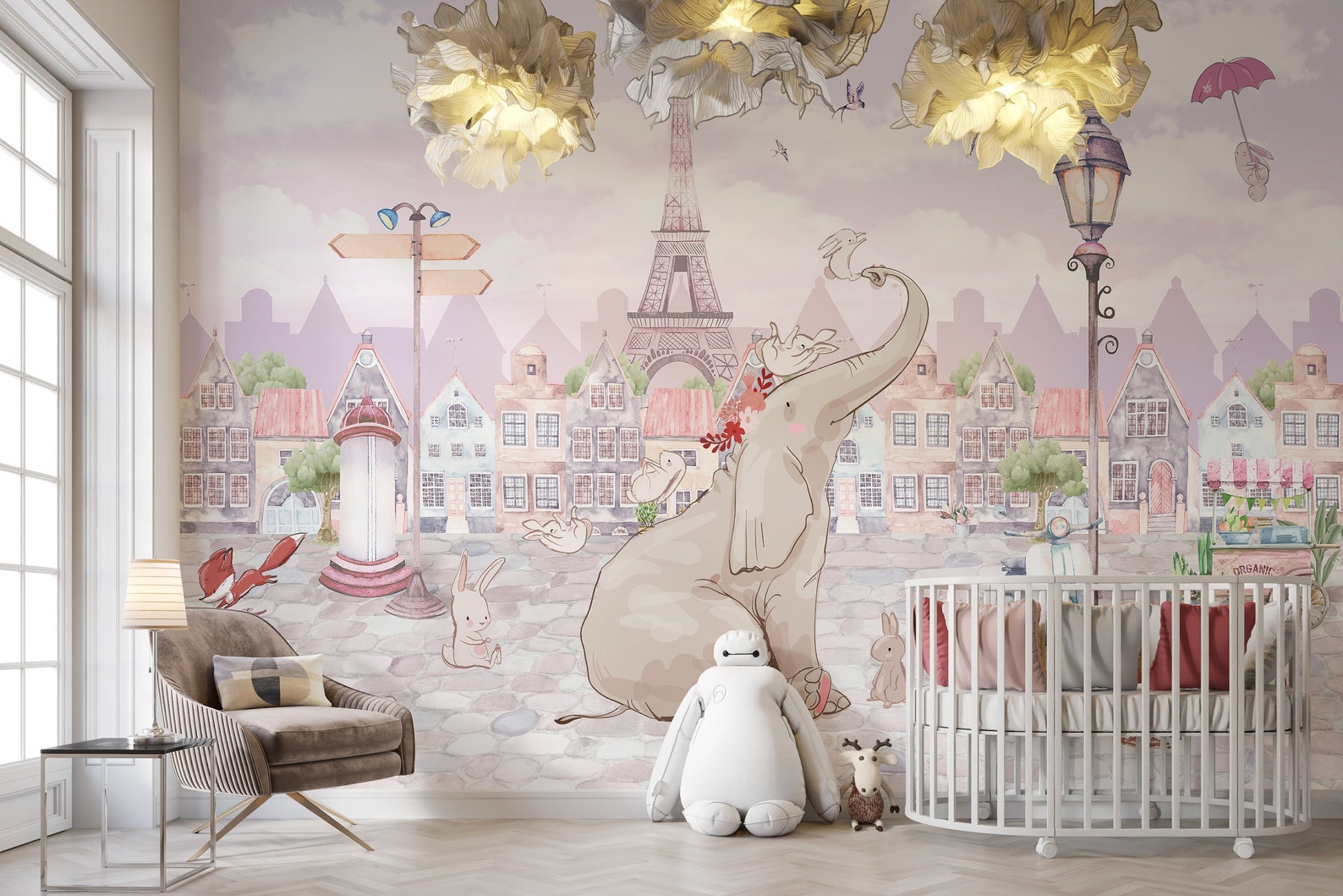 Watercolor Parisian Nursery Wallpaper Mural: Eiffel Tower, European ...