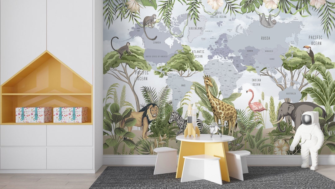 World Map Wallpaper Mural for Kids, Educational World Map Kids Room ...