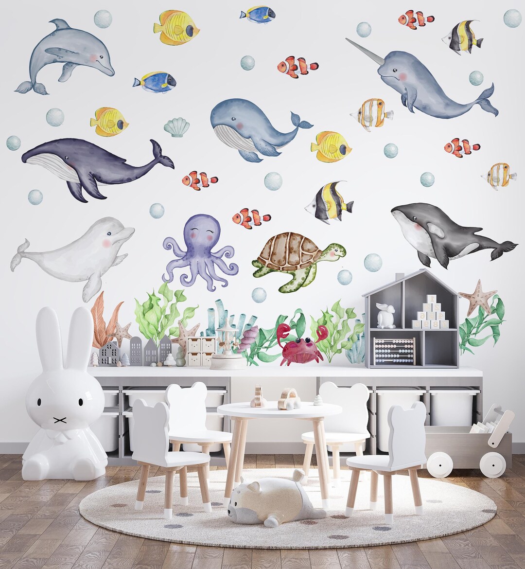Sea Life Wall Decal, Watercolor Ocean Animals Wall Stiker, Undersea ...
