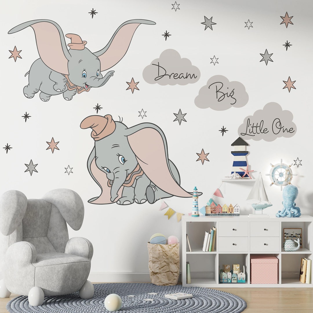 Cute Elephant Nursery Wall Decal, Dumbo and Clouds Wall Stiker, Cartoon ...