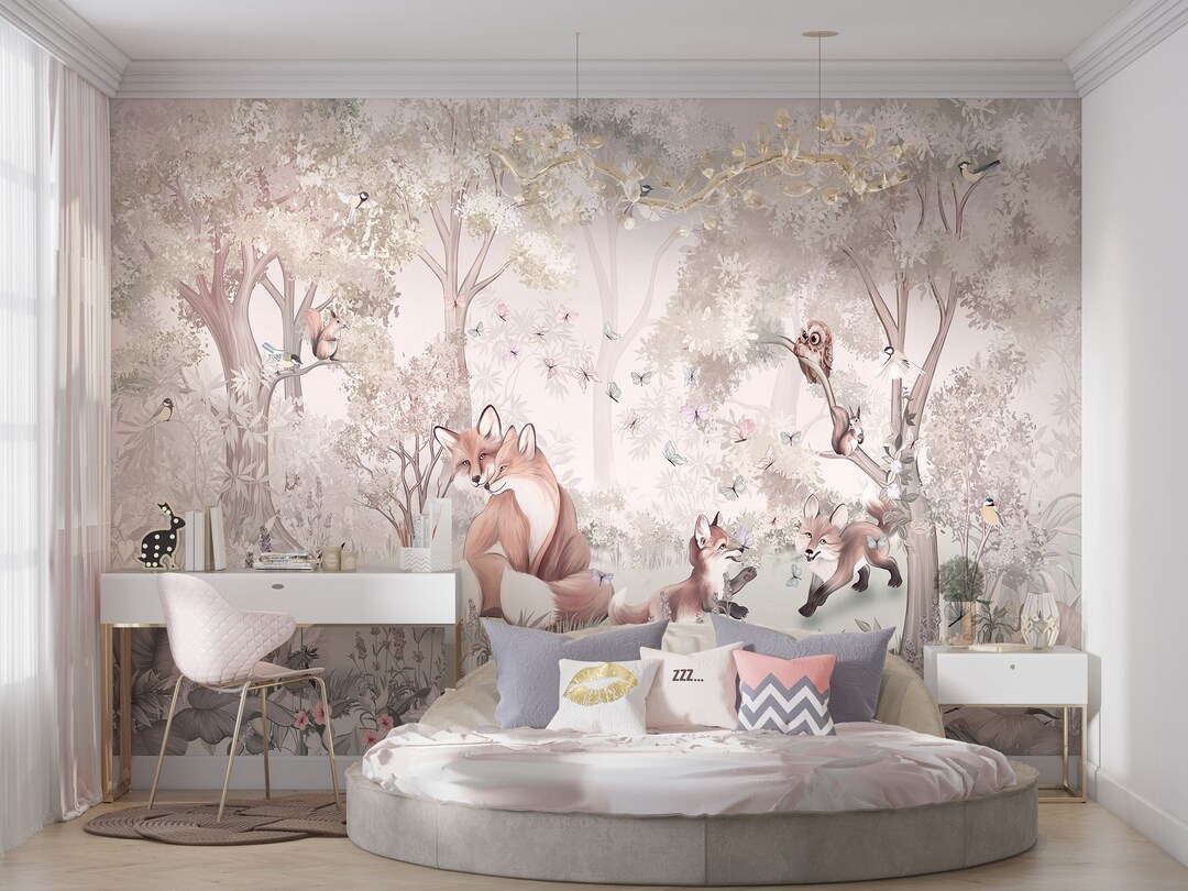 Watercolor Pink Forest Animals Wallpaper Mural, Woodland Animals Kids ...