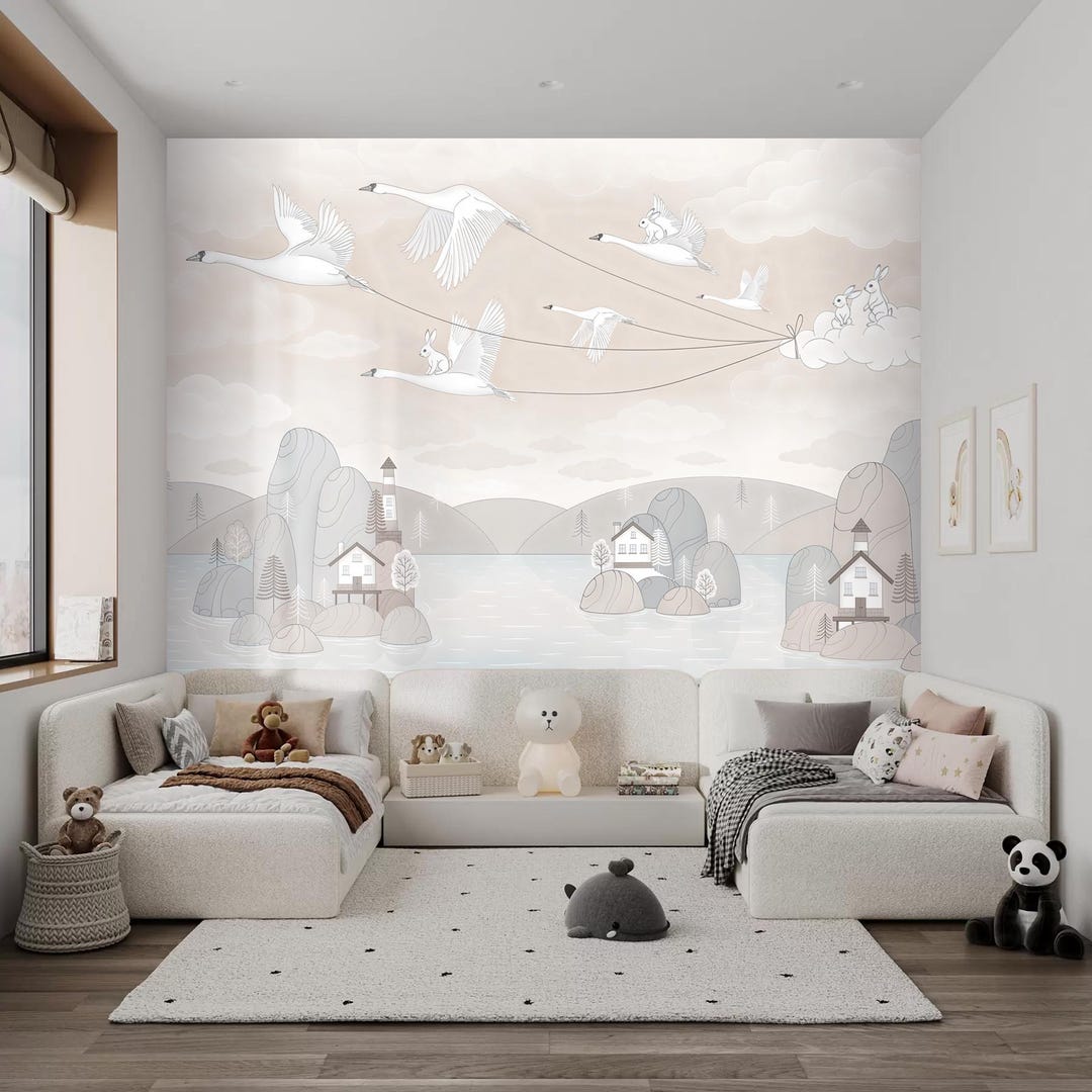 Whimsical Animal Adventure Wallpaper Mural - Flying Swans & Bunnies ...