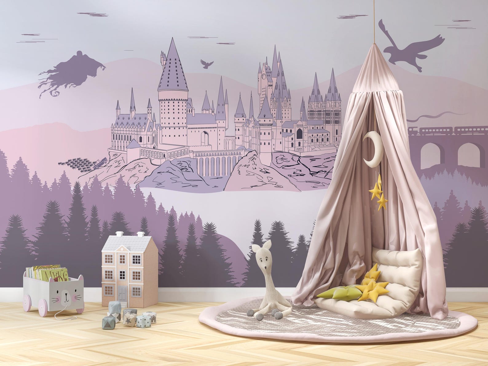 Wizard Castle Wallpaper Mural – Magical Ombre Fairytale Landscape ...