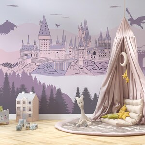 Wizard Castle Wallpaper Mural – Magical Ombre Fairytale Landscape ...