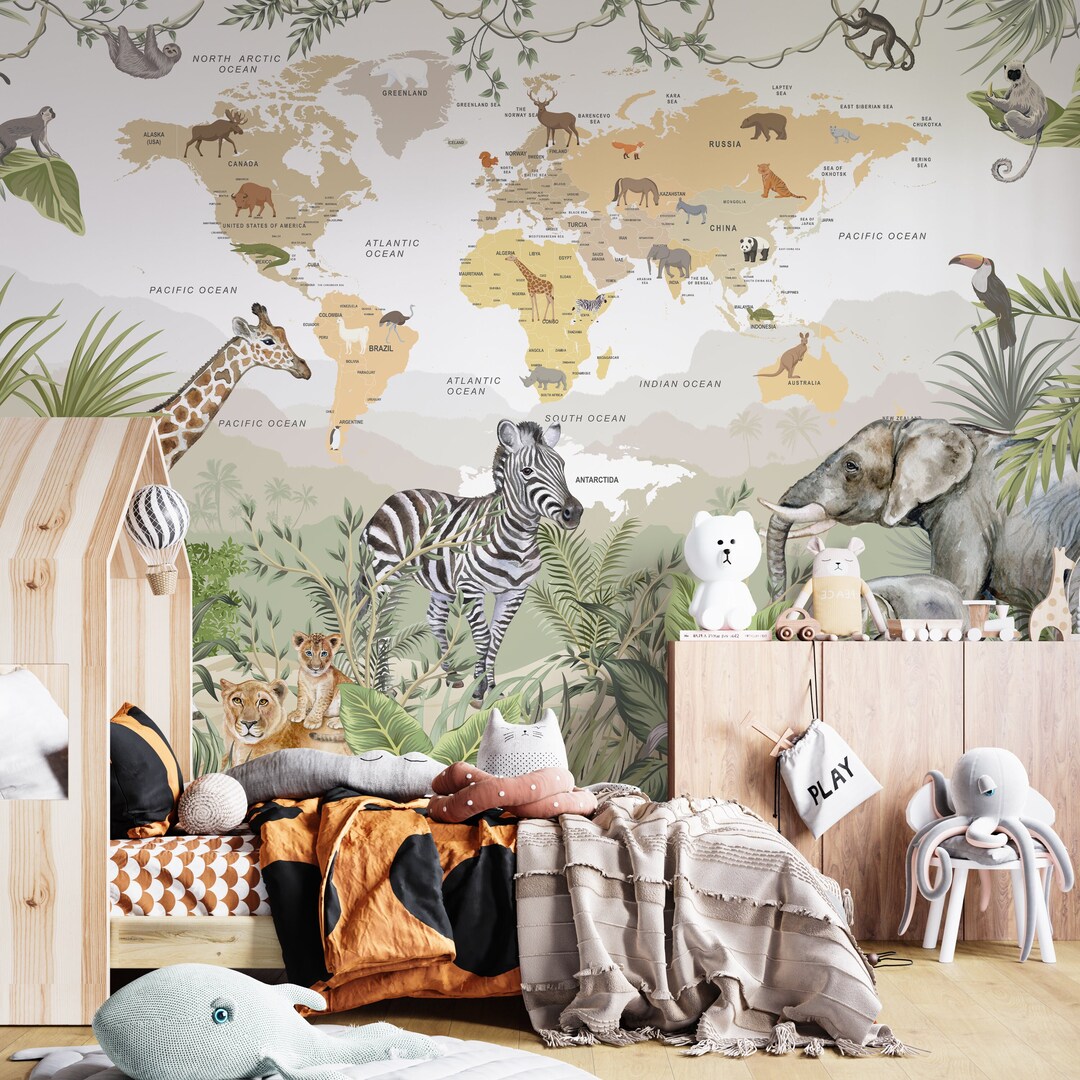Jungle Animals Wallpaper Mural, Nursery Kids World Map Wallpaper ...