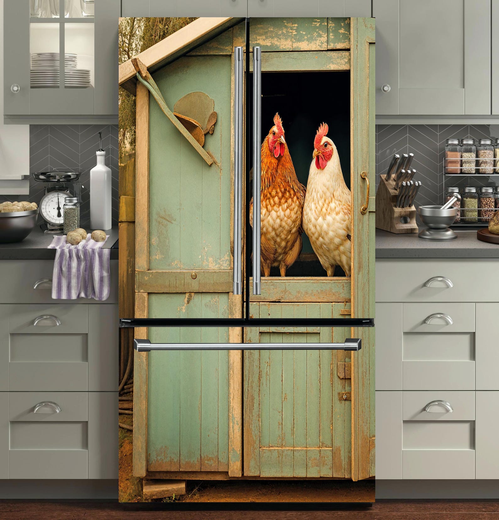Farmhouse Chicken Coop Fridge Wrap – Vintage Green Peel & Stick Vinyl ...