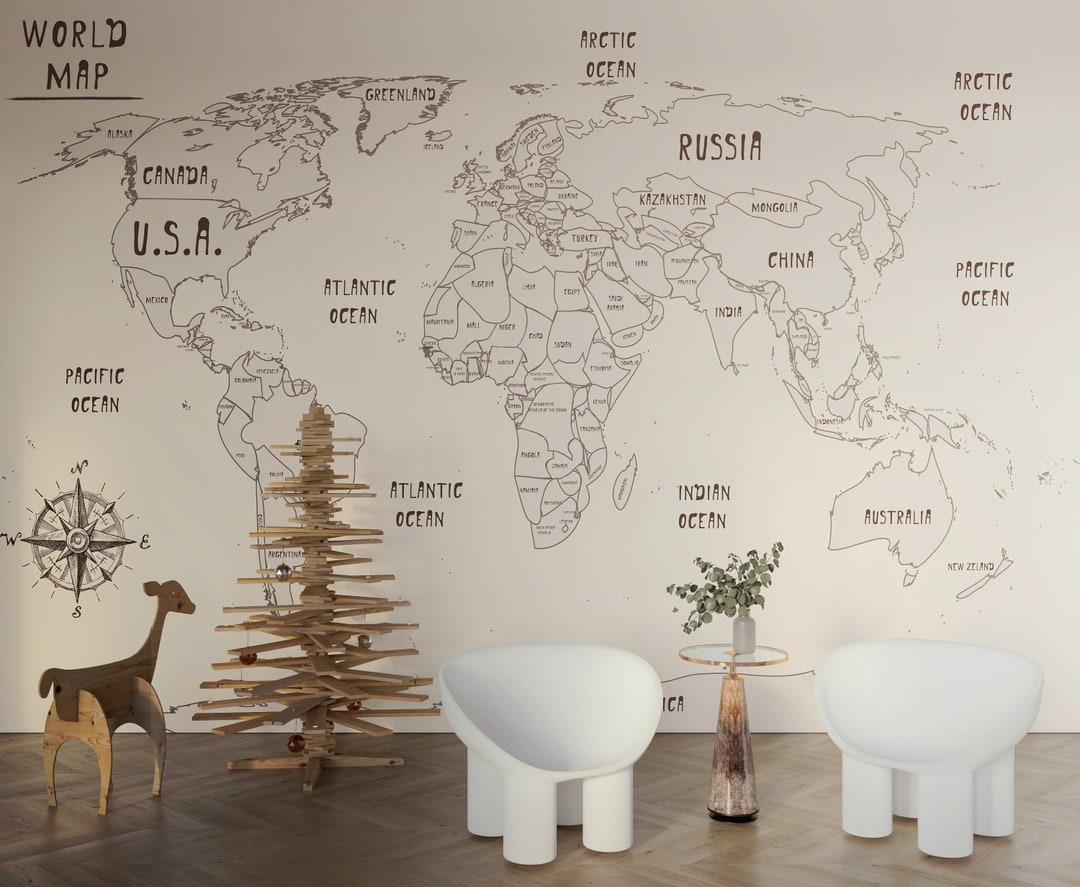 Neutral Soft World Map Wallpaper Mural, Non Woven, Custom Size ...