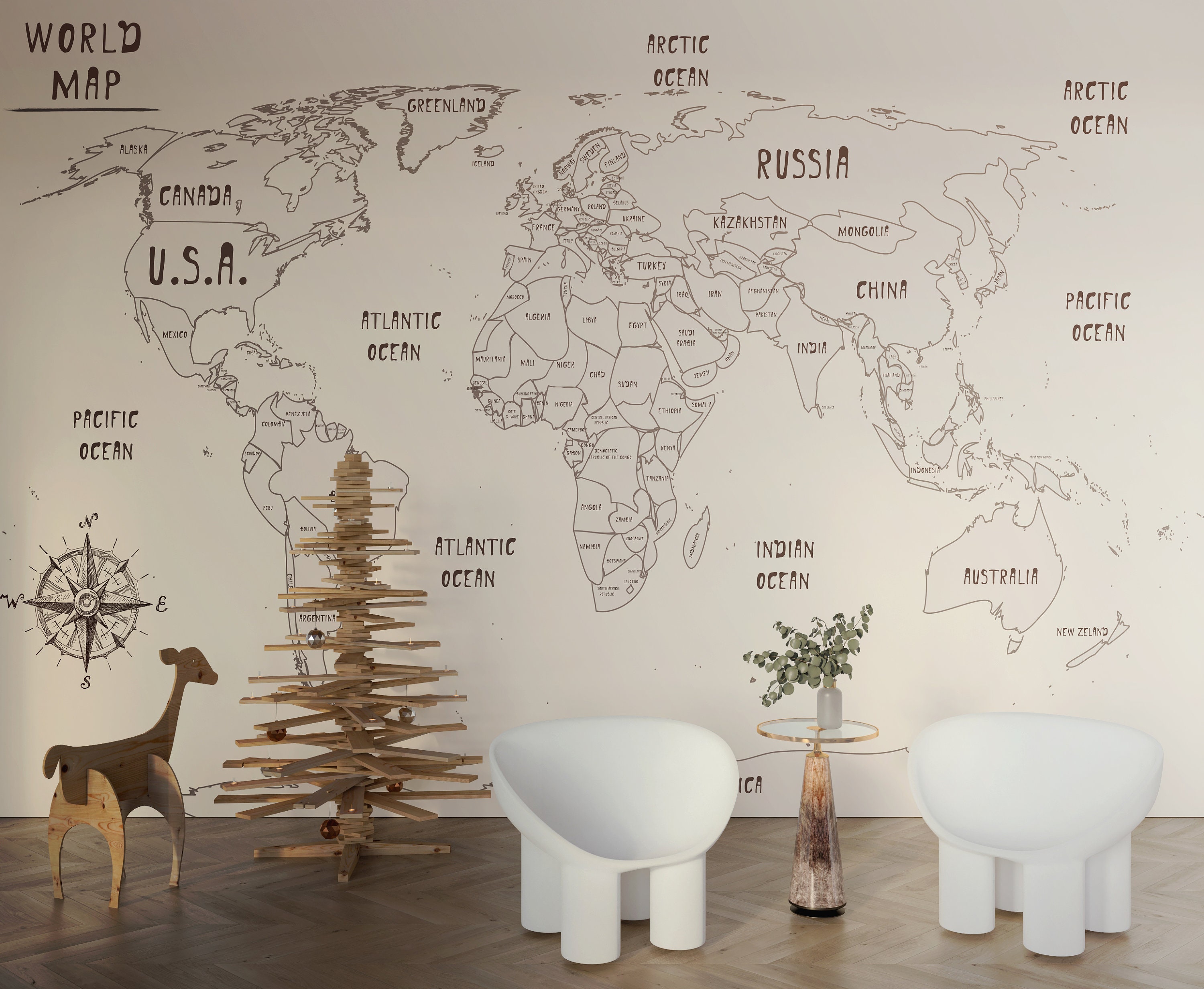 Neutral Soft World Map Wallpaper Mural, Non Woven, Custom Size ...