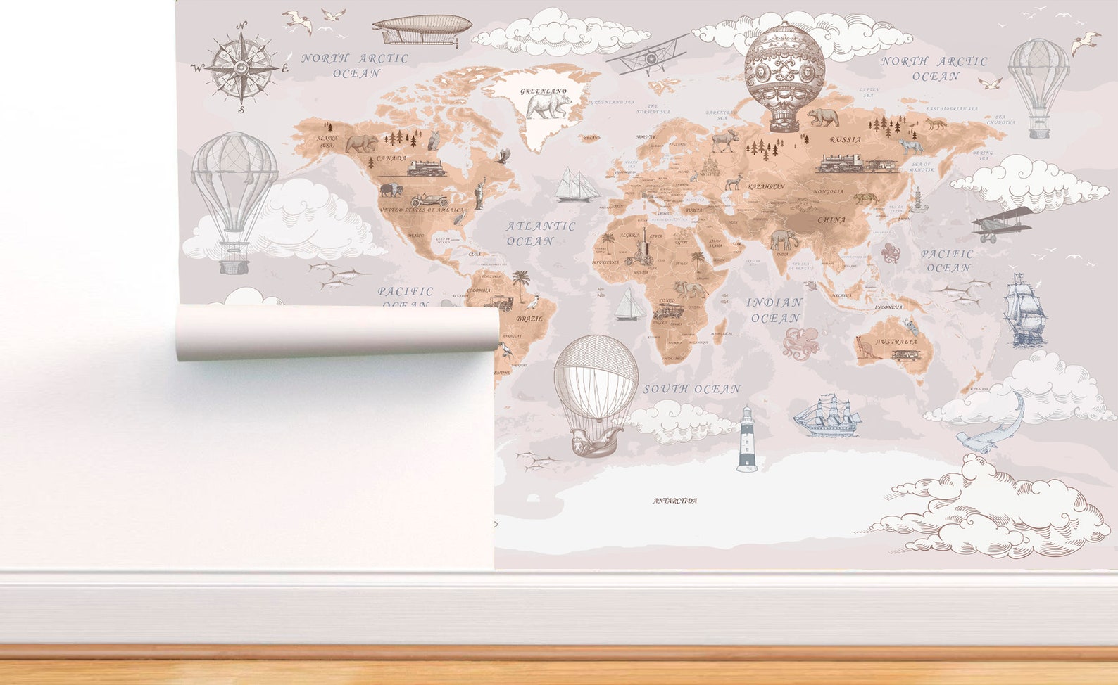 National Geographic World Map Wallpaper Mural, Retro Airship and ...
