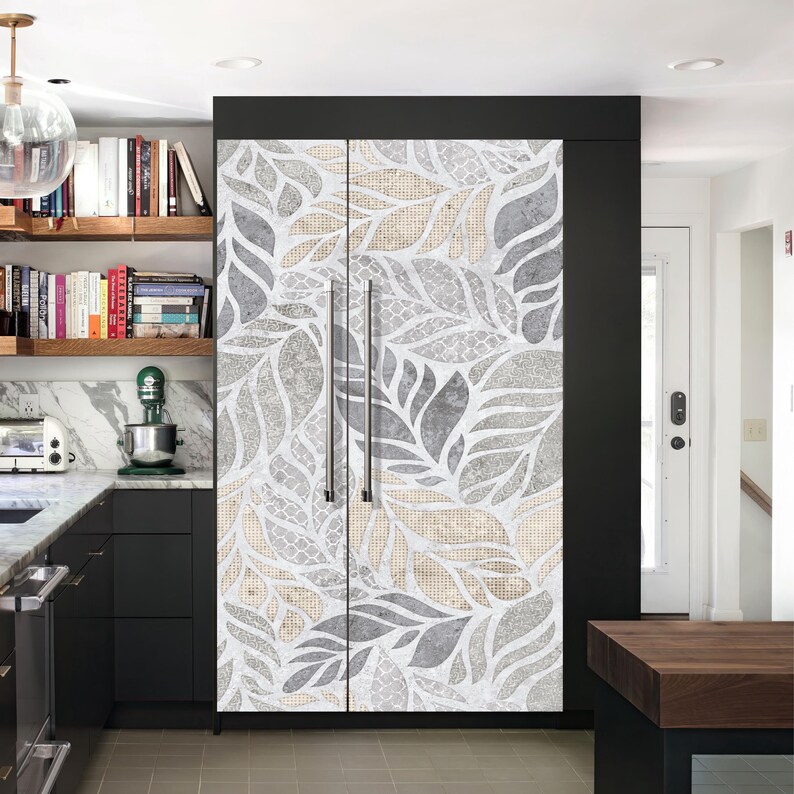 Modern Textured Leaves Fridge Wrap – Neutral Tones Design | Peel ...