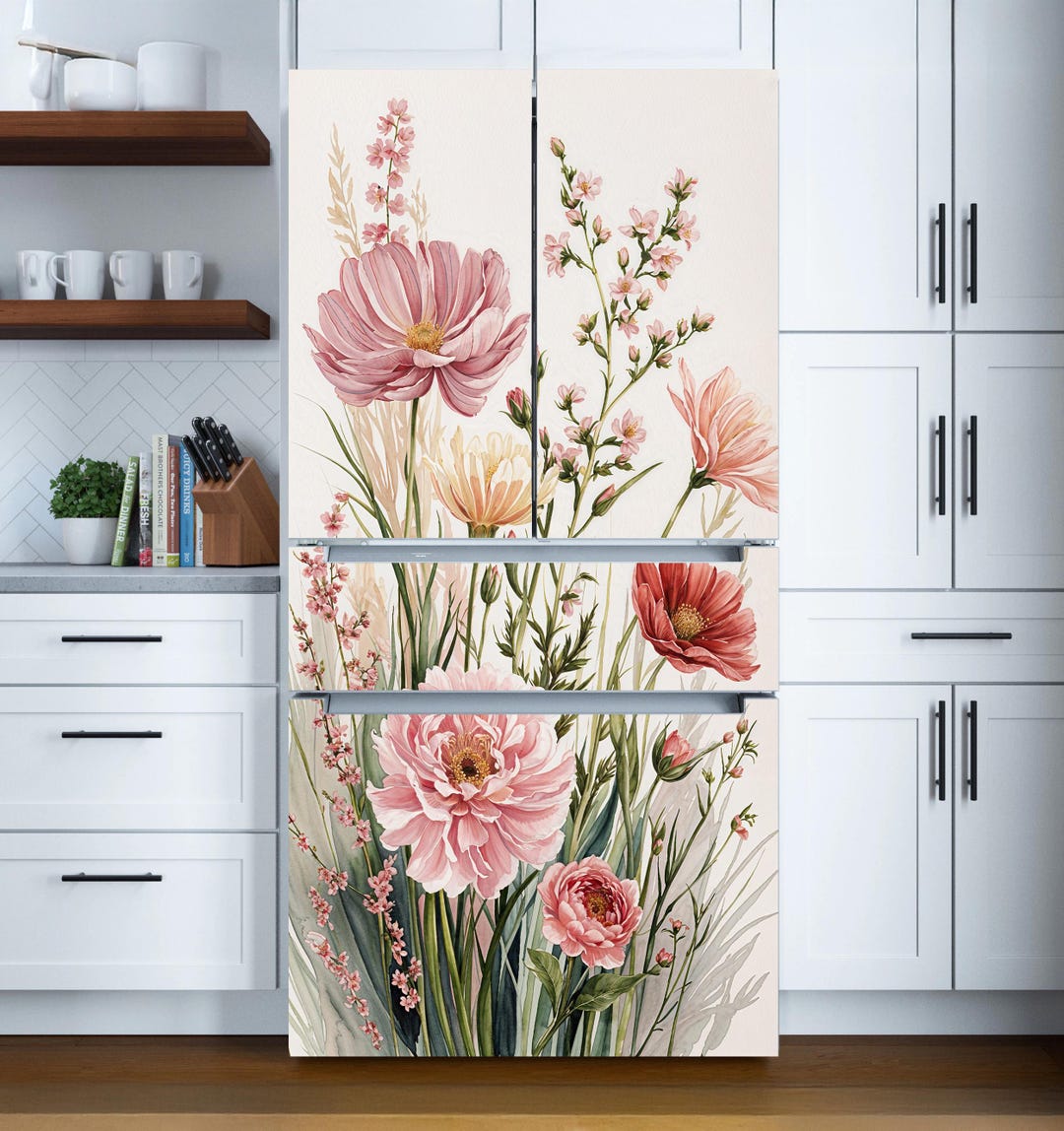 Wildflower Fridge Wrap – Soft Pink Floral Refrigerator Decal ...