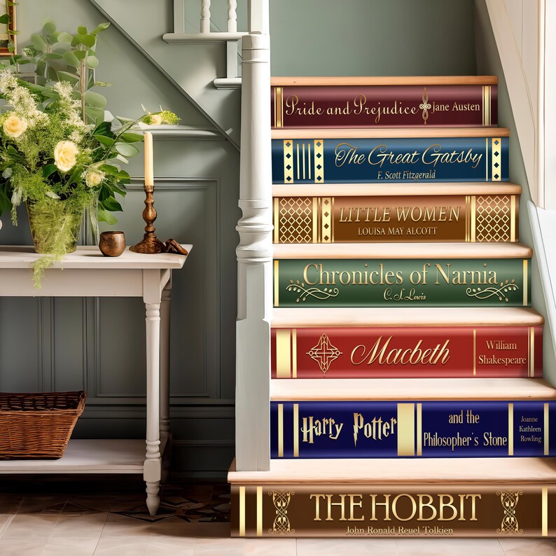 Classic Book Titles Stair Riser Decals, Peel&stick Vintage Book Spine ...