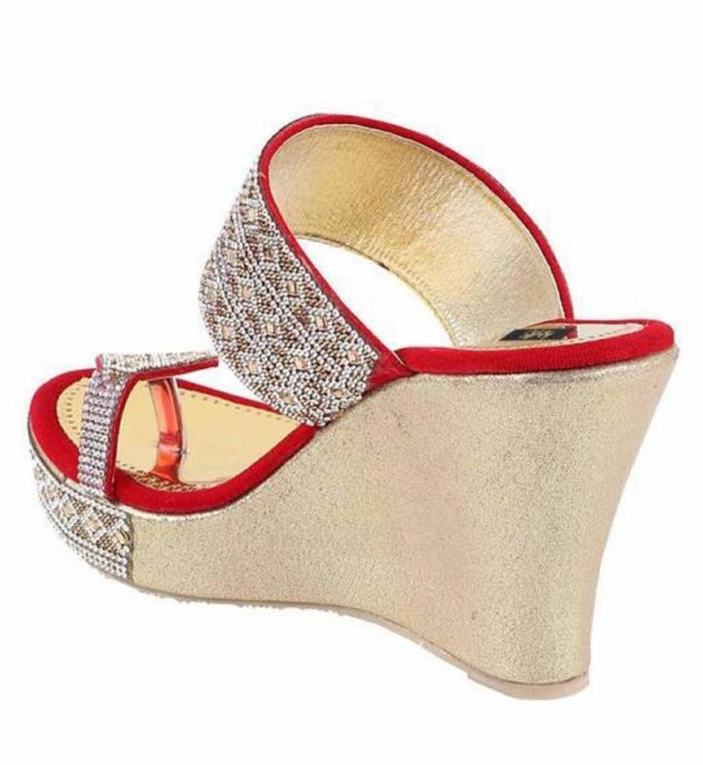Ethnic Indian Bridal Women Synthetic Leather Gold Wedges With ...