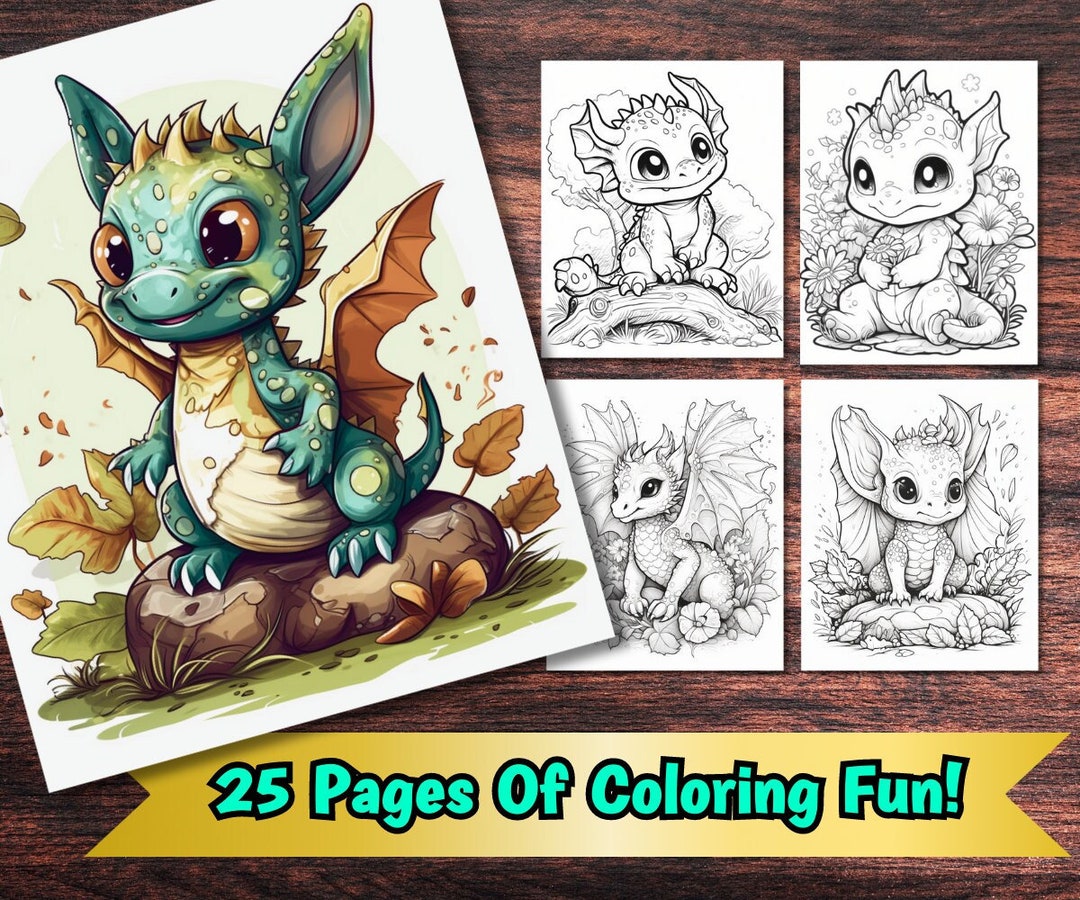 25 Baby Woodland Dragon Coloring Page Book, Adults + Kids- Fantasy ...