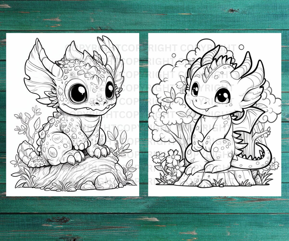 25 Baby Woodland Dragon Coloring Page Book, Adults + Kids- Fantasy ...