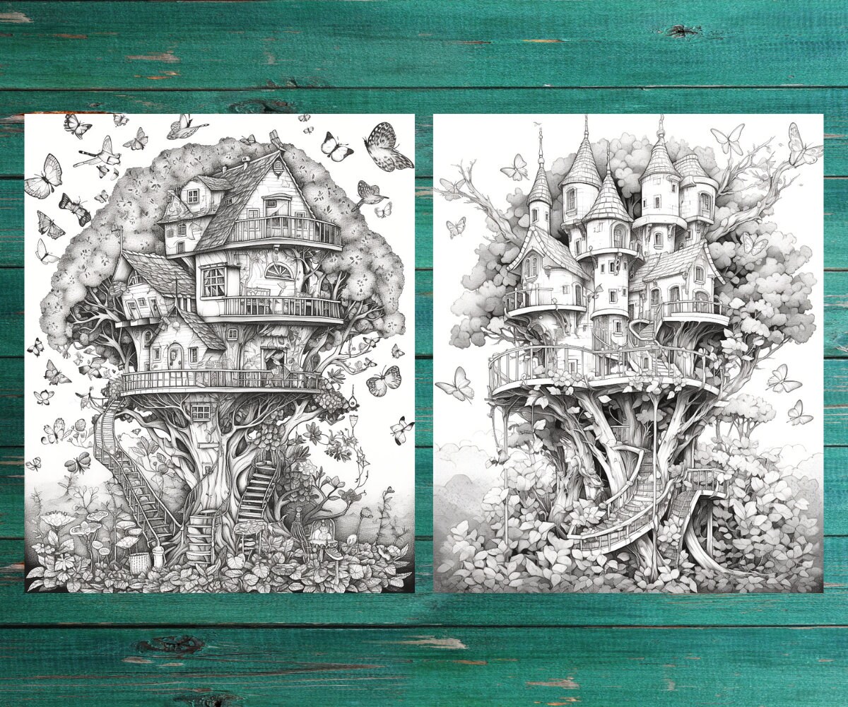 25 Enchanted Fairy Treehouses Coloring Book, Adults Kids Instant ...