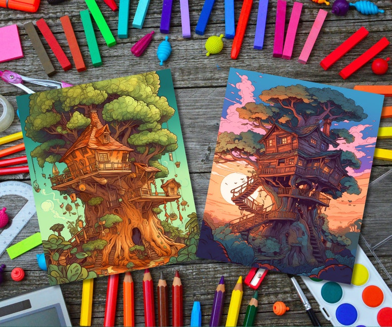 25 Enchanted Fairy Treehouses Coloring Book, Adults Kids Instant ...