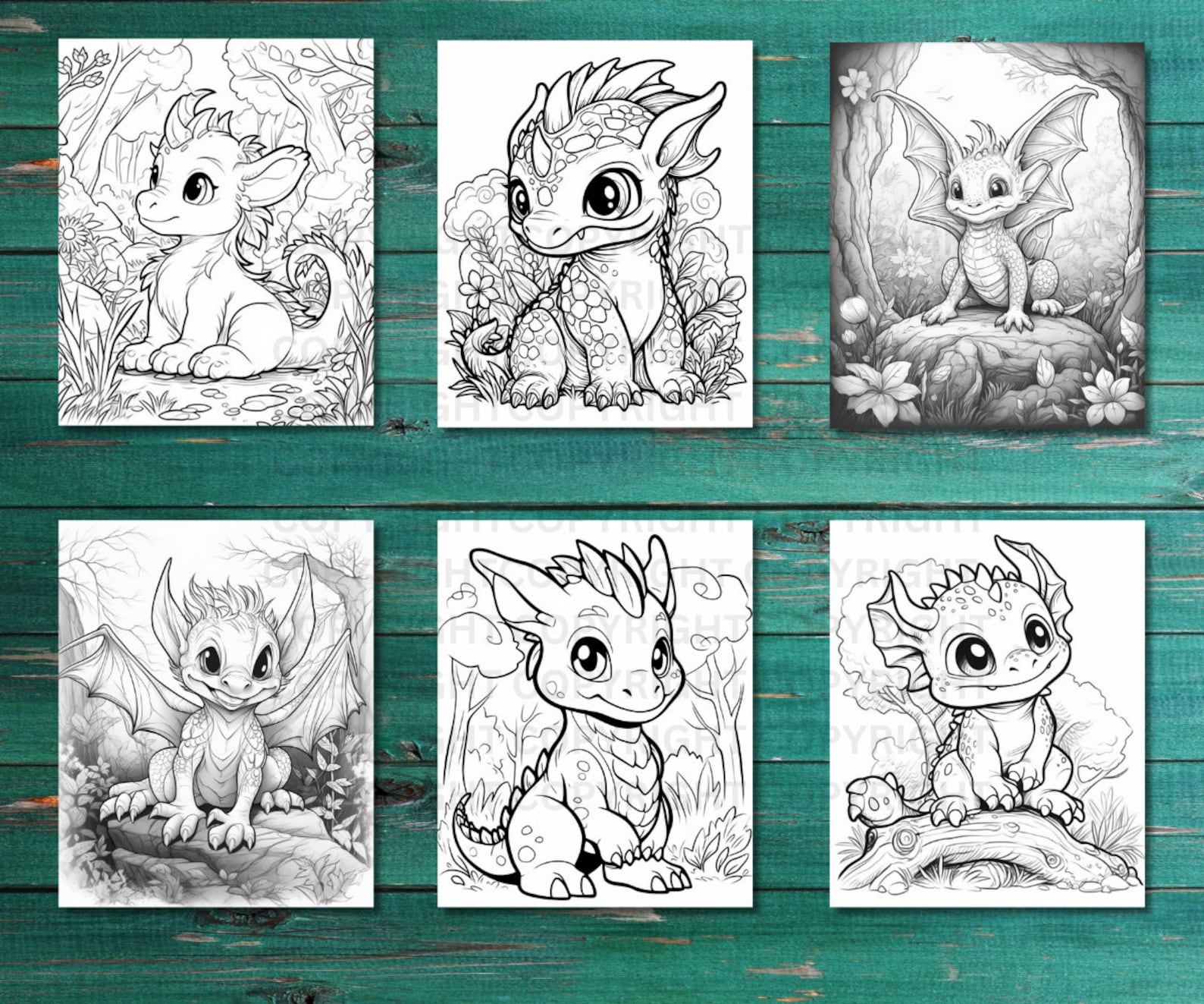 25 Baby Woodland Dragon Coloring Page Book, Adults + Kids- Fantasy ...