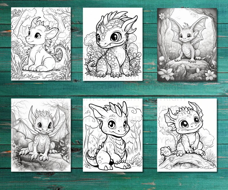 25 Baby Woodland Dragon Coloring Page Book, Adults + Kids- Fantasy ...