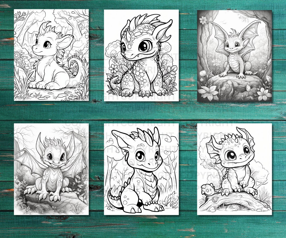 25 Baby Woodland Dragon Coloring Page Book, Adults + Kids- Fantasy ...