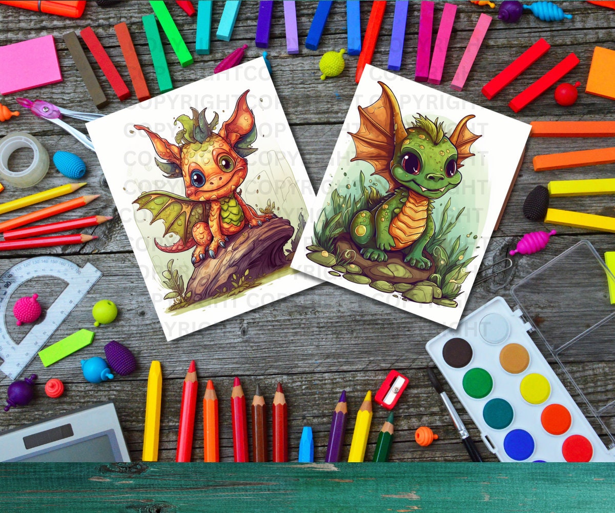 25 Baby Woodland Dragon Coloring Page Book, Adults Kids Fantasy Instant ...