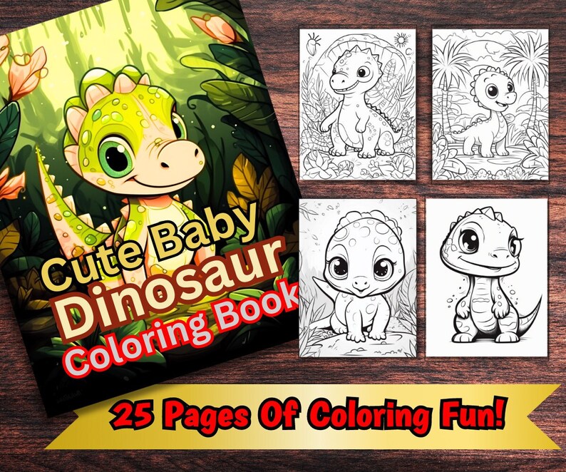 25 Cute Baby Dinosaur Fantasy Coloring Page Book, Adults + Kids ...