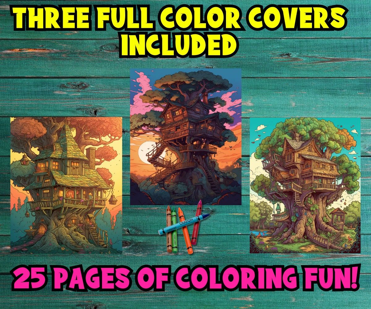25 Enchanted Fairy Treehouses Coloring Book, Adults Kids Instant ...