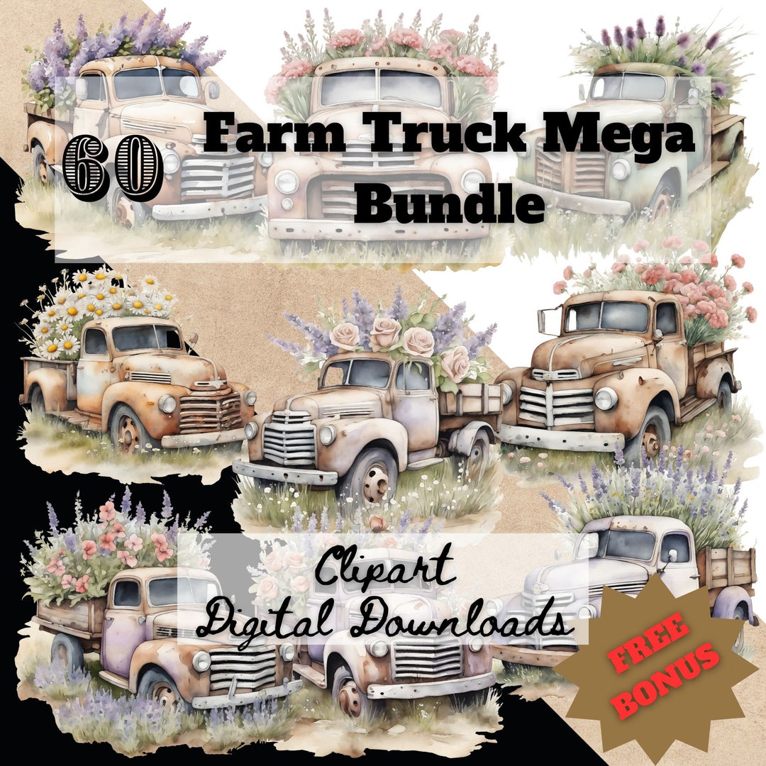 Old Trucks Clipart Mega Bundle, 60 Watercolor Style PNG Files ...