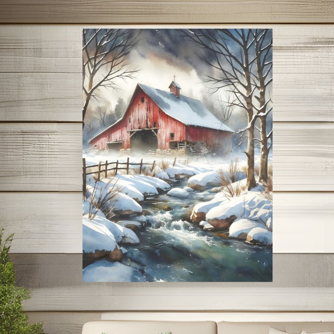 Snowy Old Barn Print Winter Farm Country Road Watercolor Style Painting ...