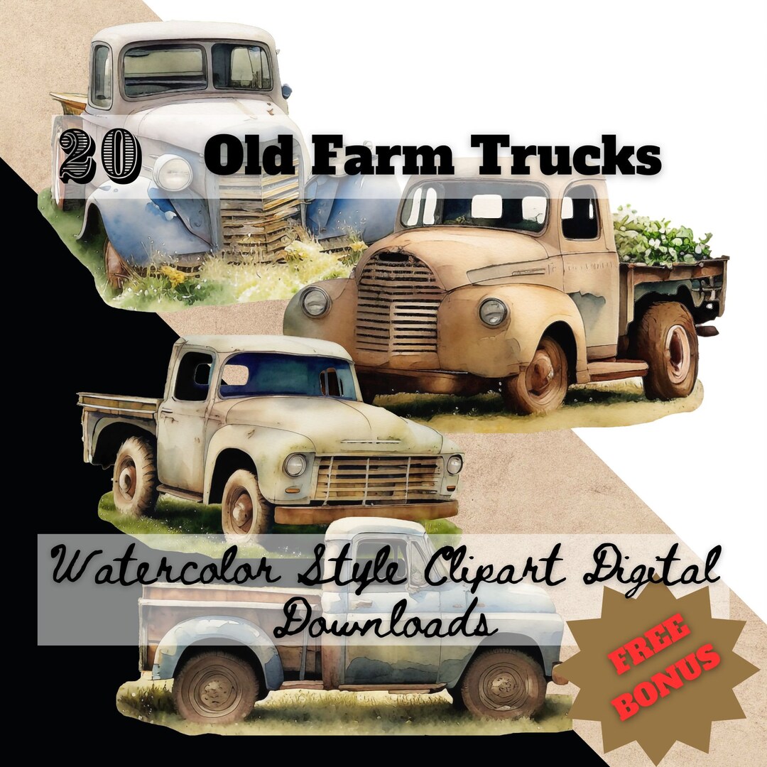 Rustic Old Trucks Watercolor Clipart Set: Farmhouse PNG Images (digital ...