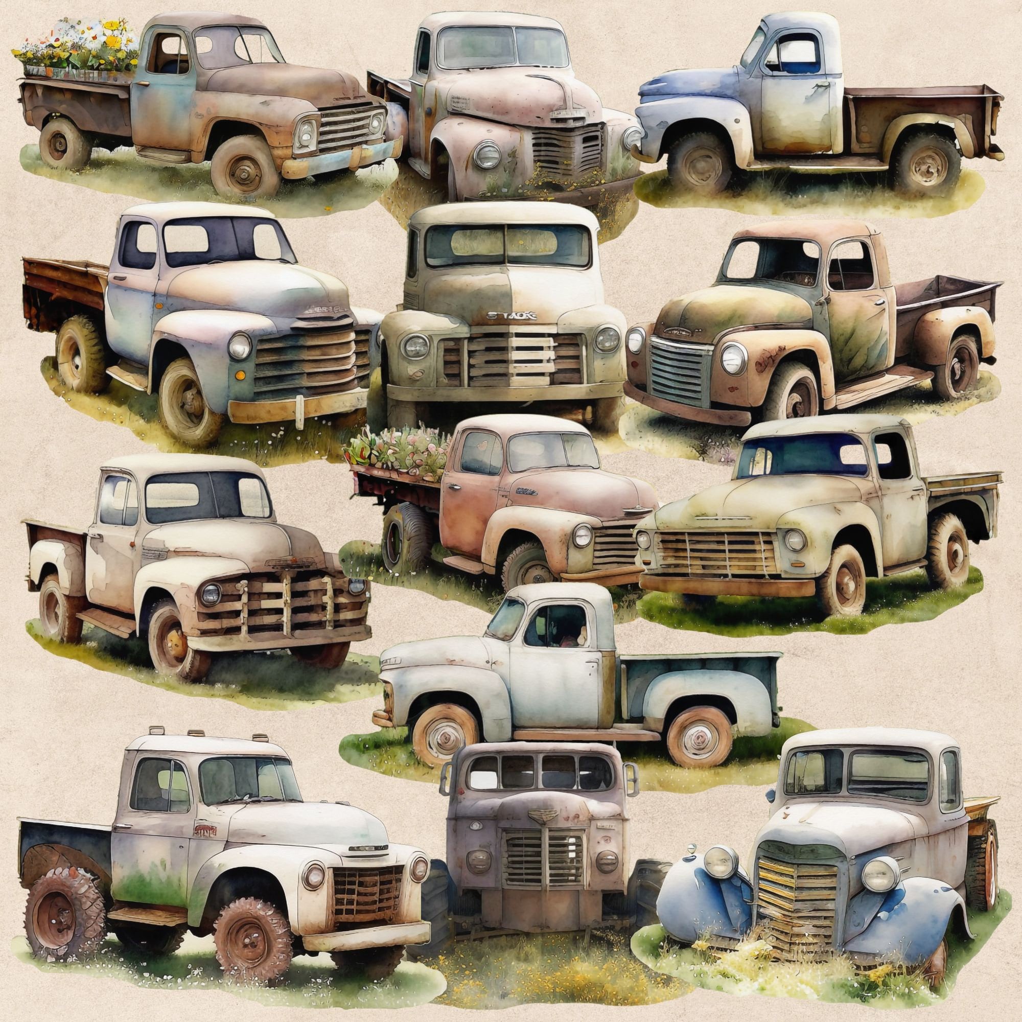 Old Trucks Clipart Mega Bundle, 60 Watercolor Style PNG Files ...
