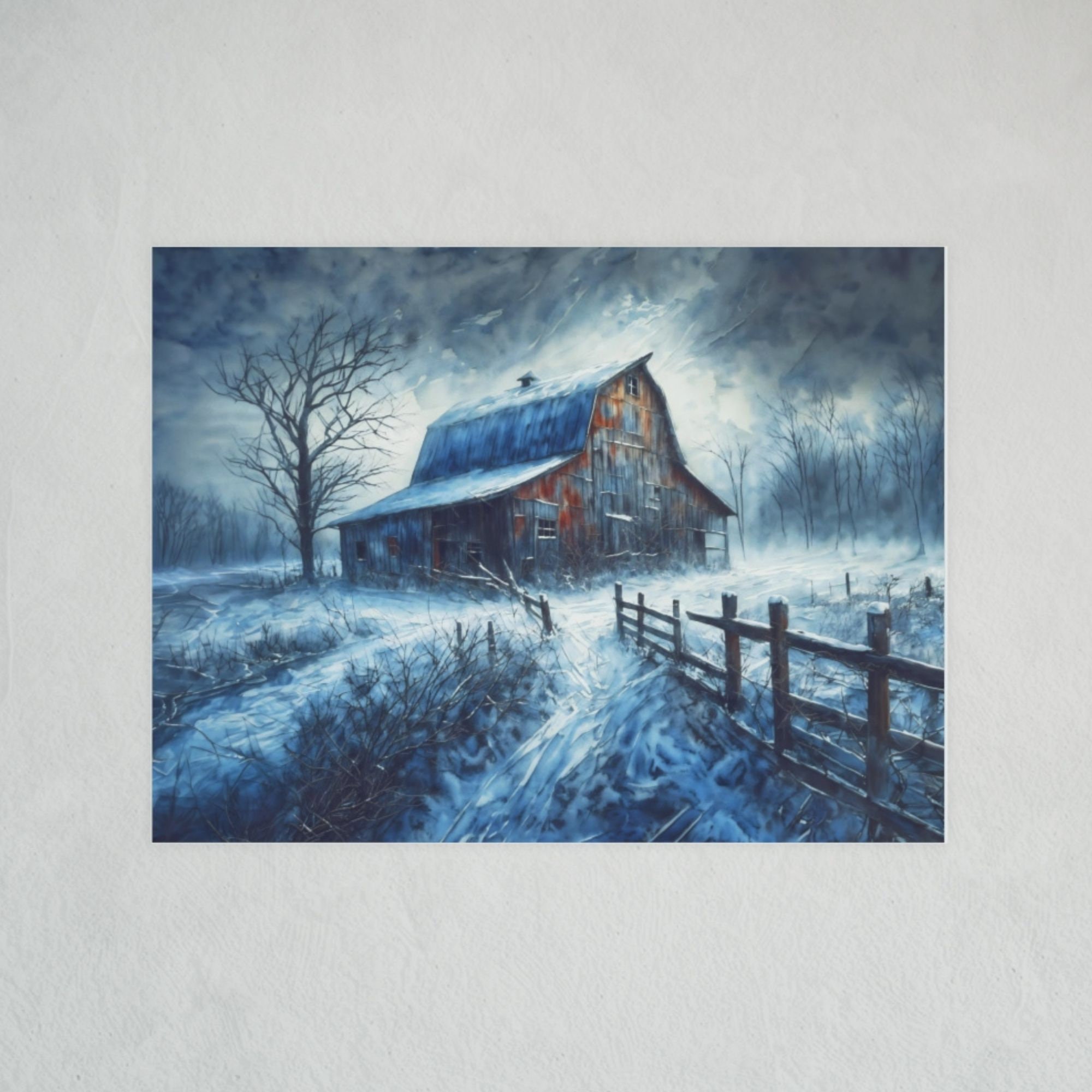 Winter Barn Print: Snowy Farmhouse Landscape, Watercolor Style Poster ...