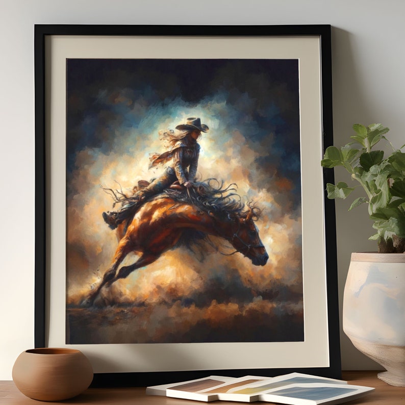 Cowgirl Western Art Impasto Oil Painting Style Vintage Rodeo Bucking ...