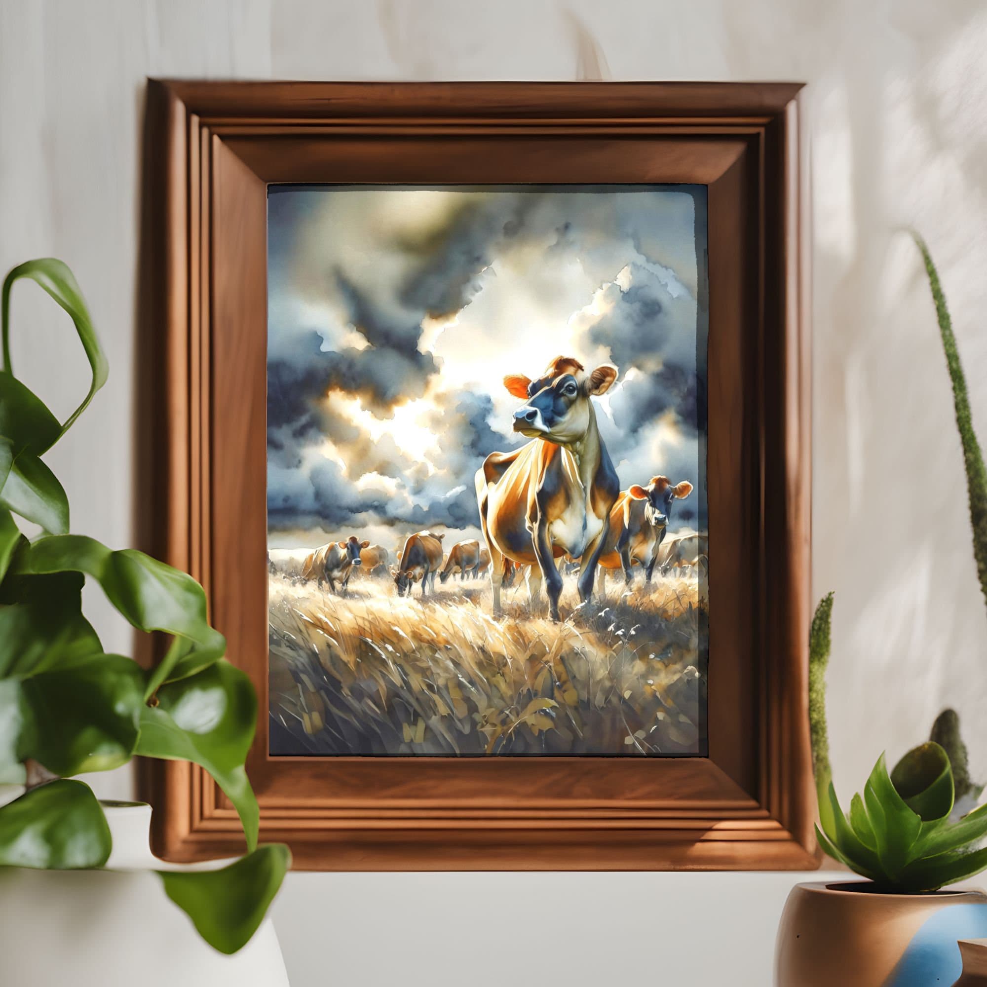 Jersey Cow Print Dairy Cattle Watercolor Illustration Herd Wall Art ...