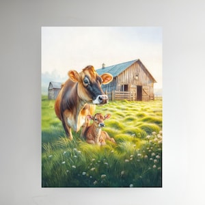Jersey Cow and Calf Dairy Cattle Watercolor Print Farmhouse Wall Art ...