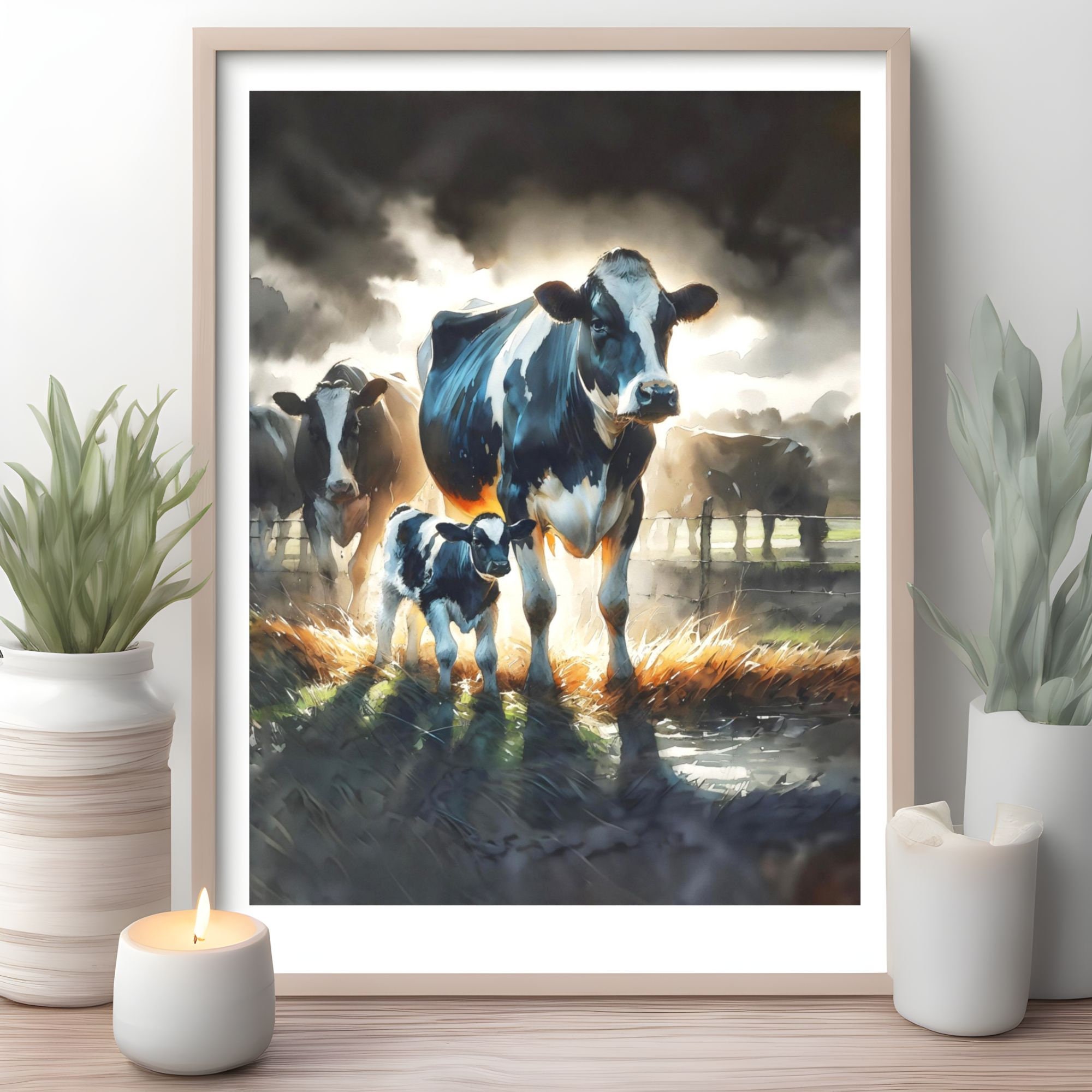 Holstein Cow Print Dairy Cattle Watercolor Illustration Calf Wall Art ...