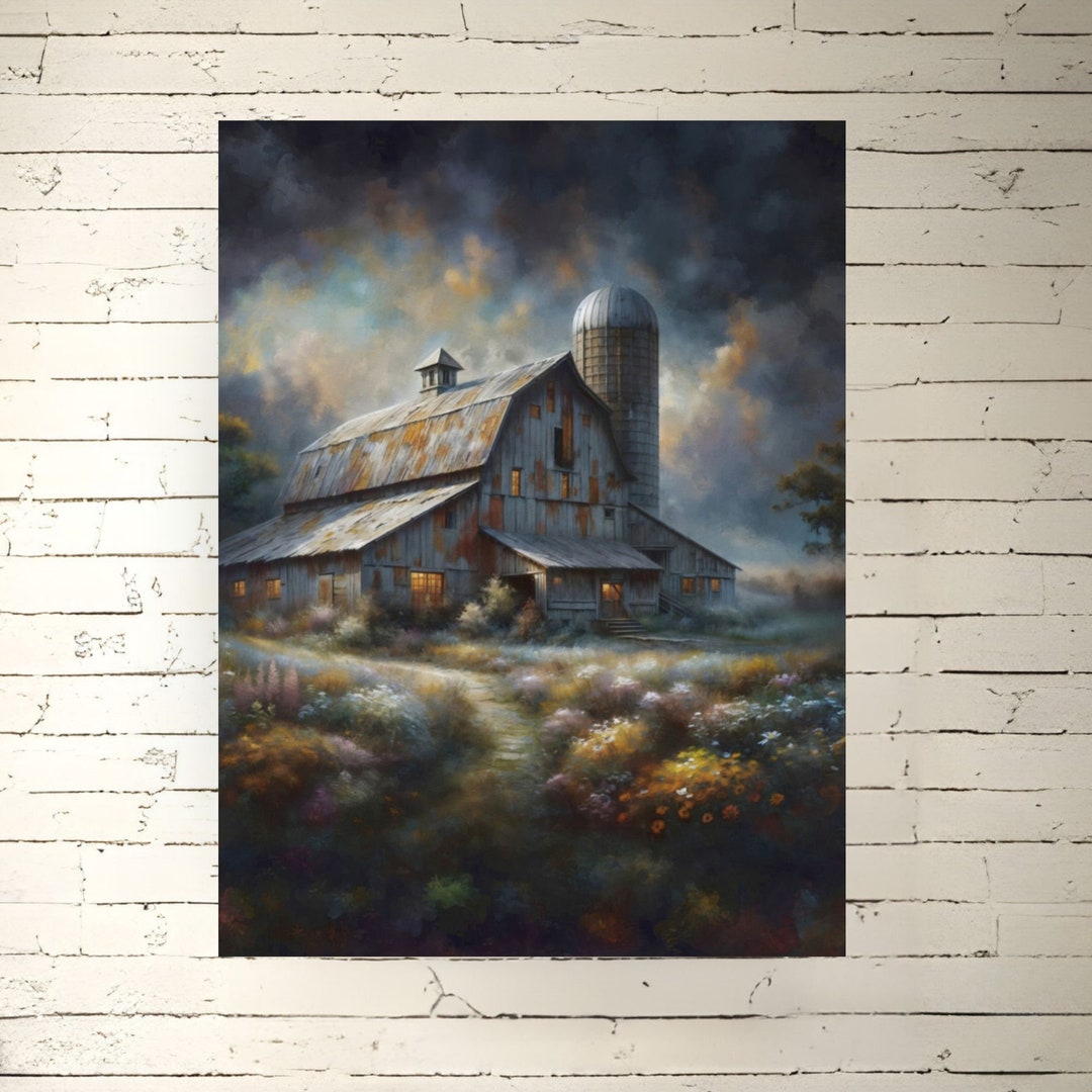 Moonlit Farm Barn Art Poster Print: Moody Wildflower Landscape, Impasto ...