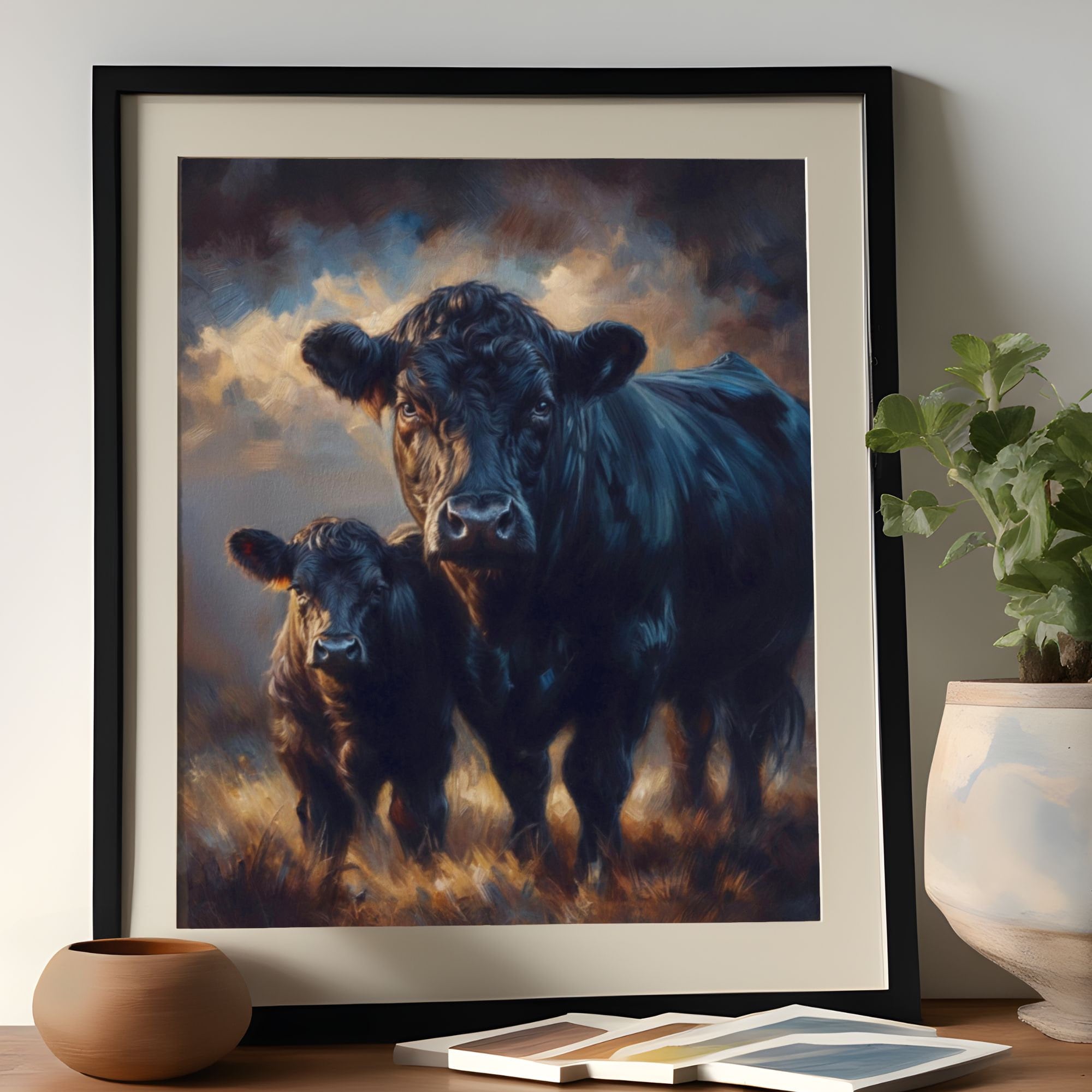 Black Angus Cow and Calf Poster Print: Oil Painting Style Farmhouse ...