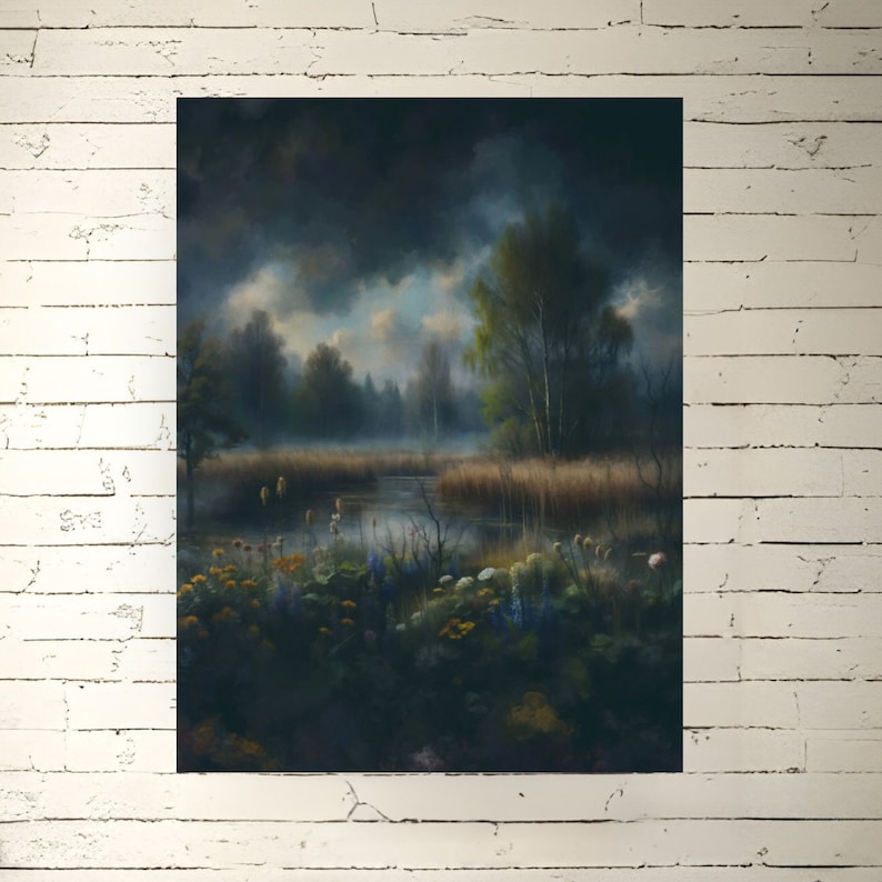 Moonlit Farm Pond Art Poster Print: Moody Impasto Wildflower Landscape ...