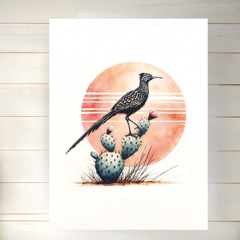 Roadrunner Watercolor Print: Minimalist Sunset Landscape Art - Etsy