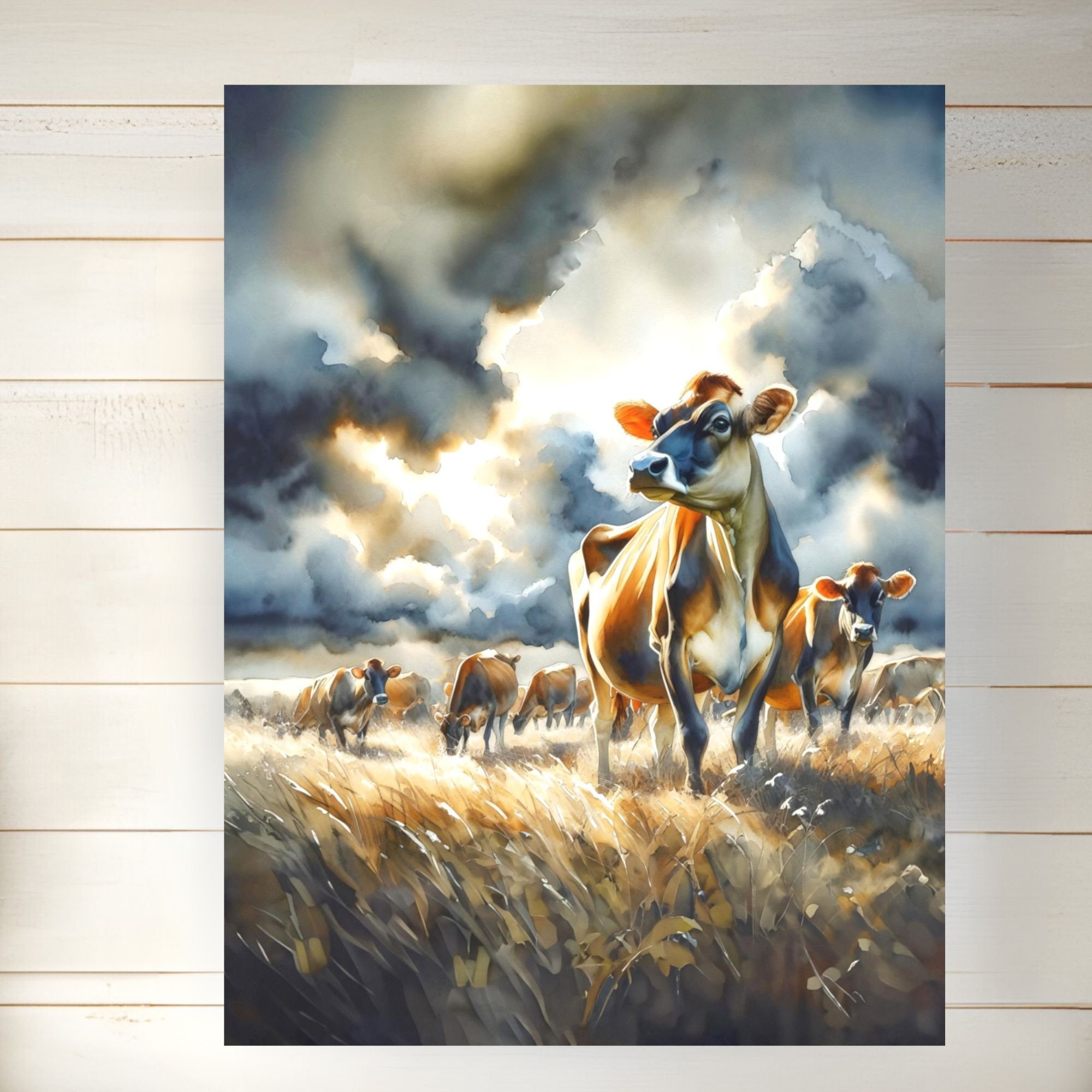 Jersey Cow Print Dairy Cattle Watercolor Illustration Herd Wall Art ...