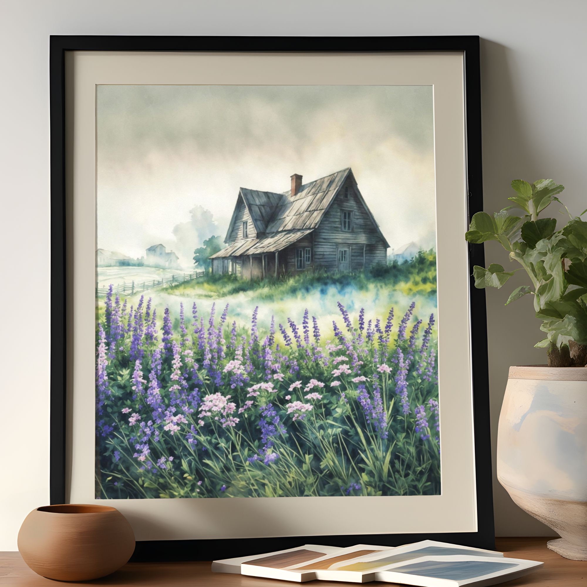 Watercolor Style Farmhouse Wall Art Sage Green Rustic Old Barn Print ...