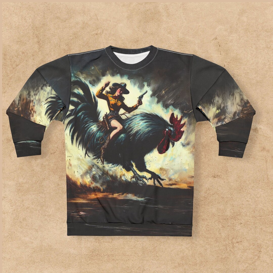 Retro Rodeo Cowgirl Riding Giant Rooster Western Art Vintage ...